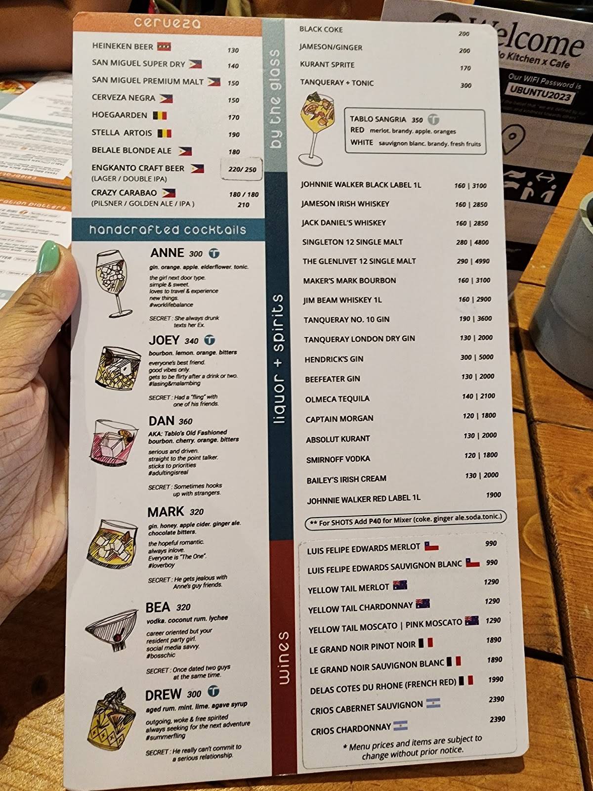 Menu at Tablo Kitchen x Cafe BF Resort Village, Las Pinas