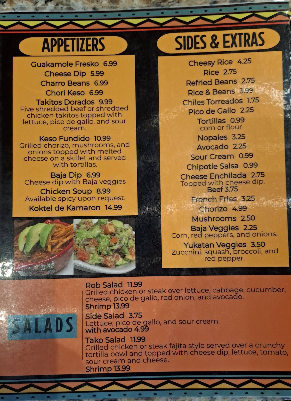 Menu at Takos Borukas restaurant, Jackson