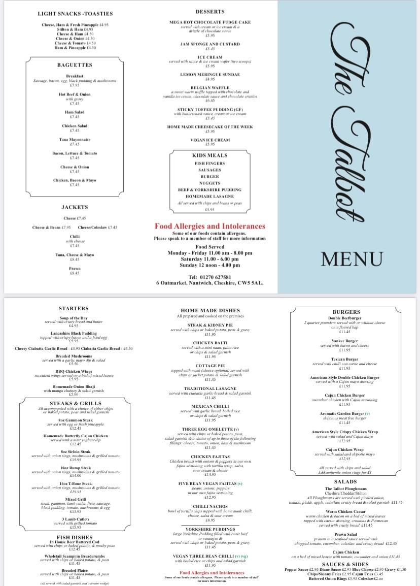 Menu at Talbot pub & bar, Nantwich