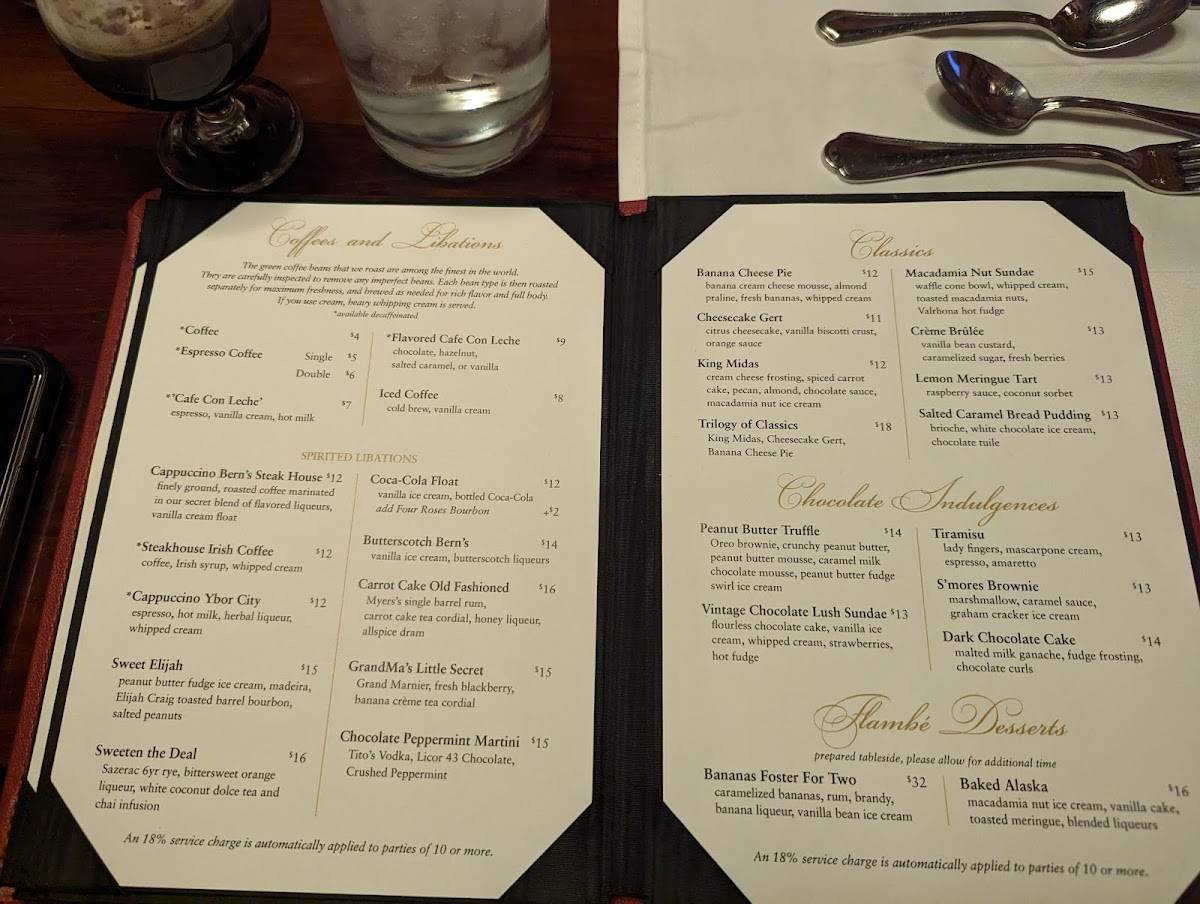 Menu at Bern's Steak House steakhouse, Tampa, 1208 S Howard Ave