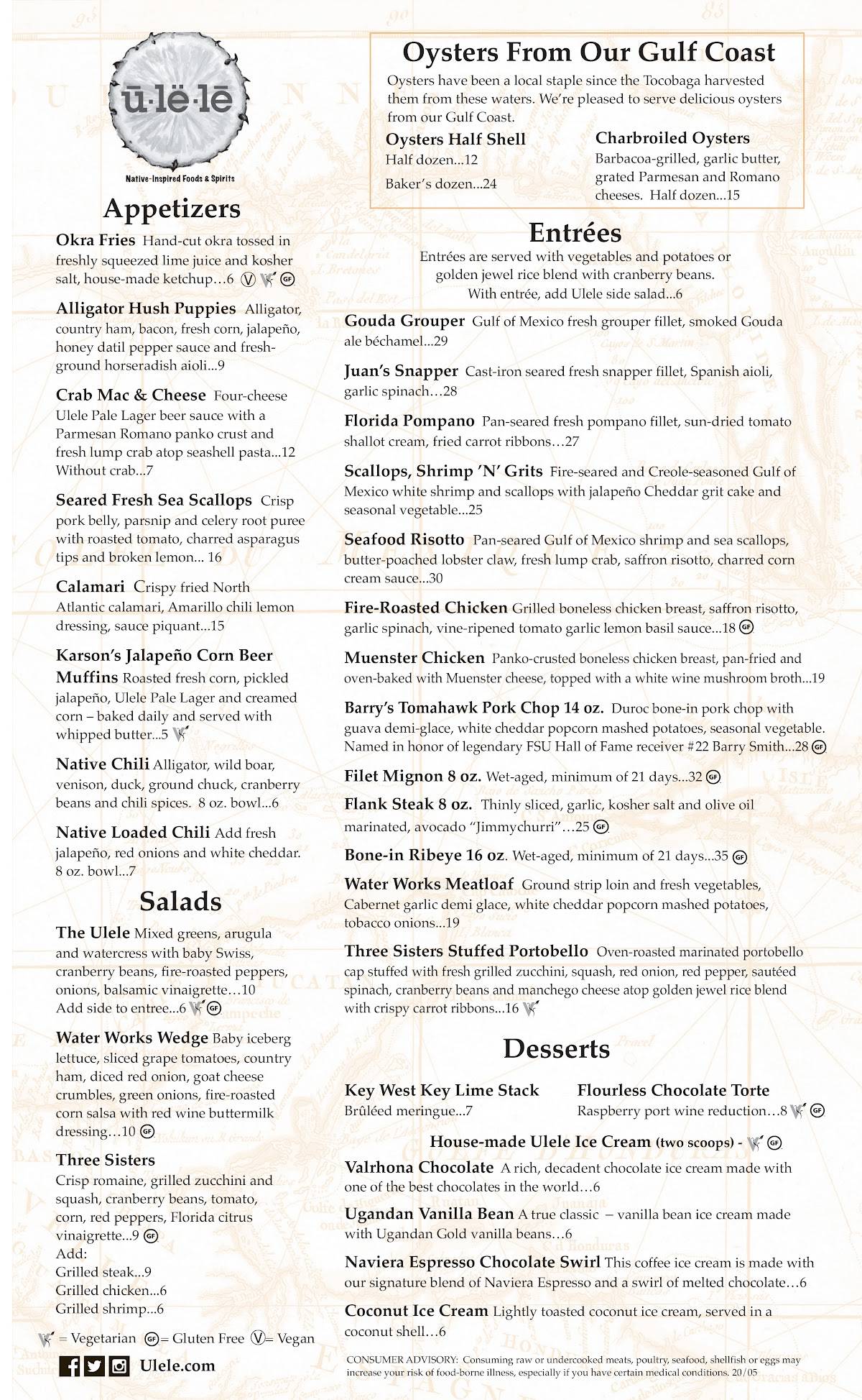 Menu at Ulele restaurant, Tampa, N Highland Ave