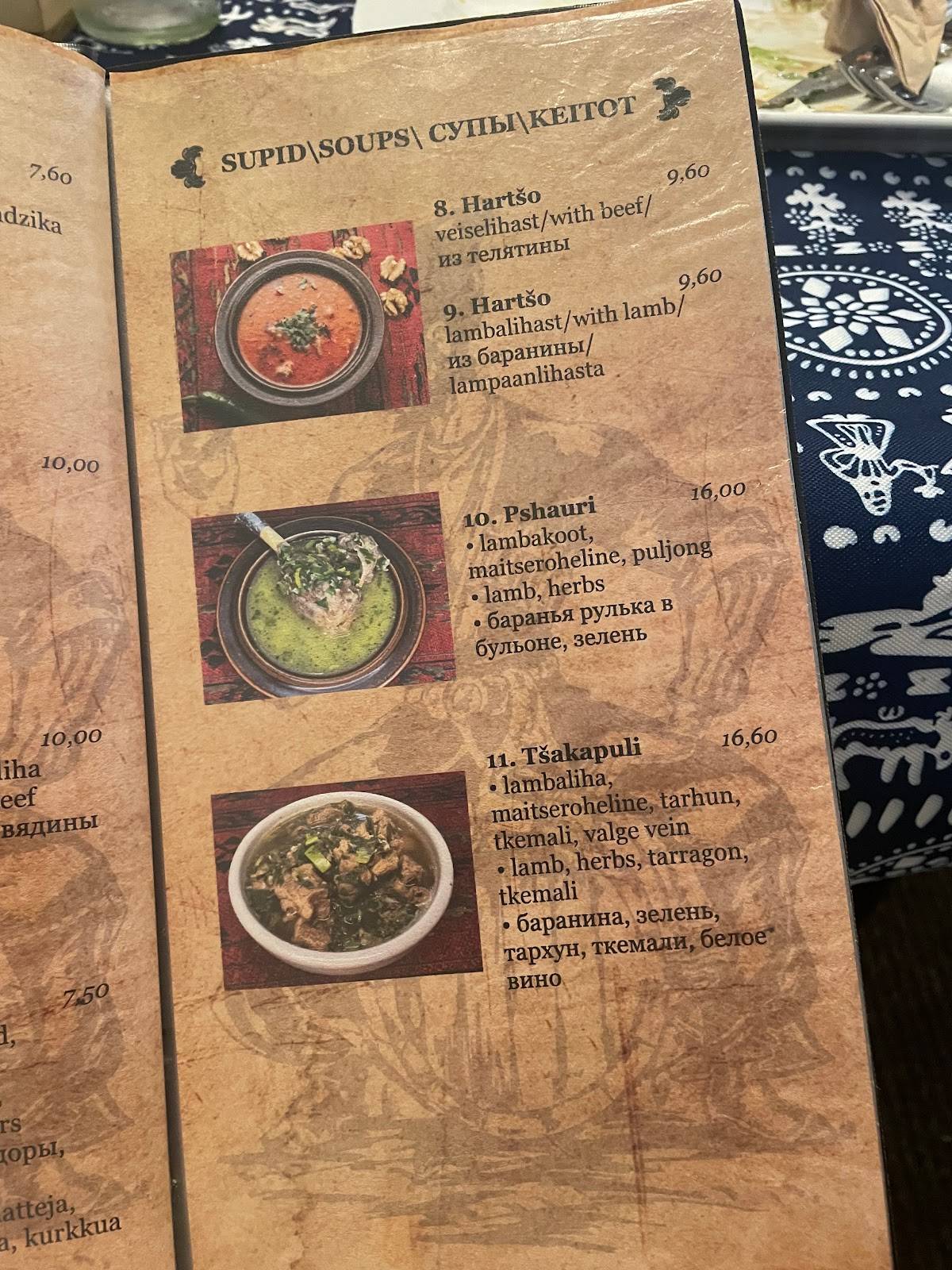 Menu at Tbilisi restaurant, Tallinn, Pikk 43