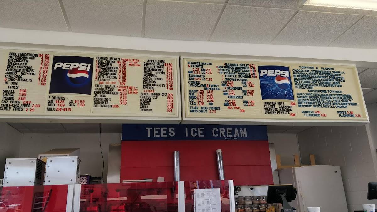 Menu at Tee's Ice Cream & Burgers fast food, Muscatine