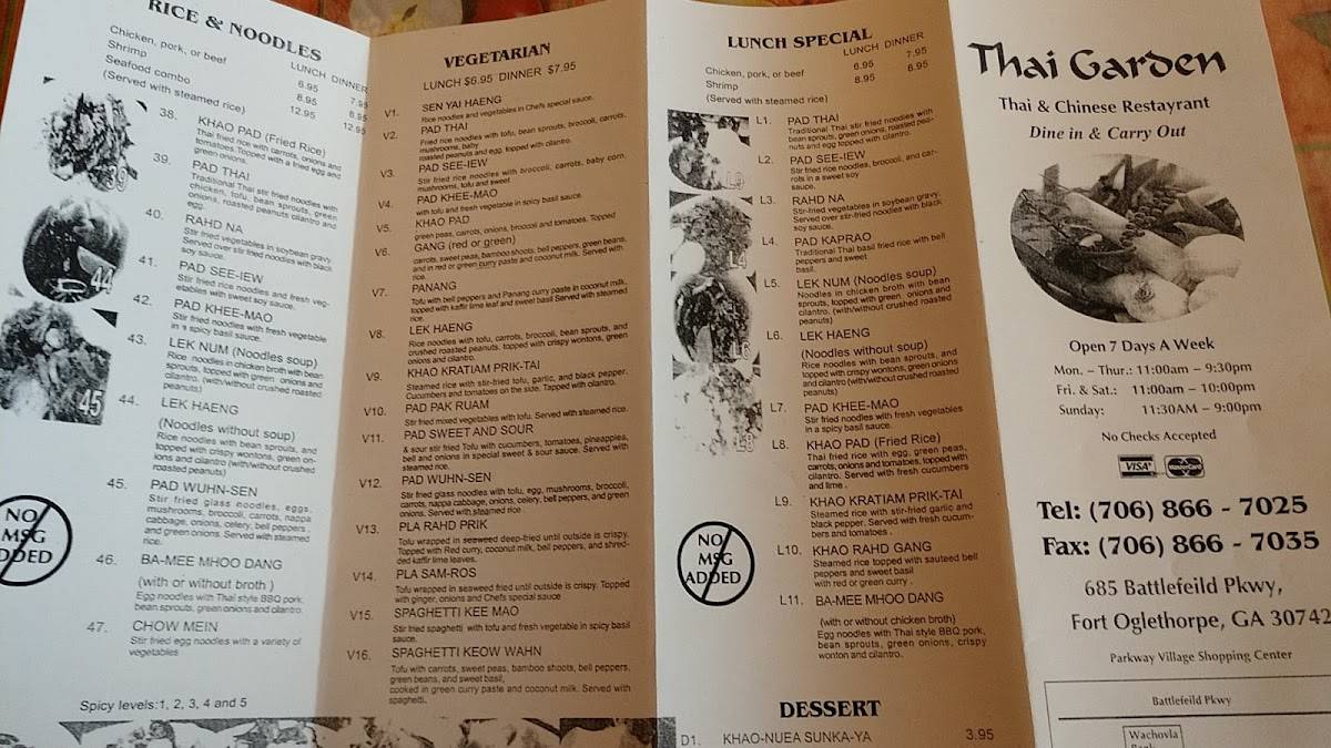 Menu at Thai Garden restaurant, Fort Oglethorpe
