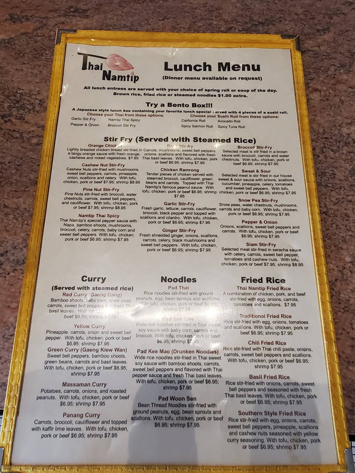Menu at Thai Namtip restaurant, Cincinnati
