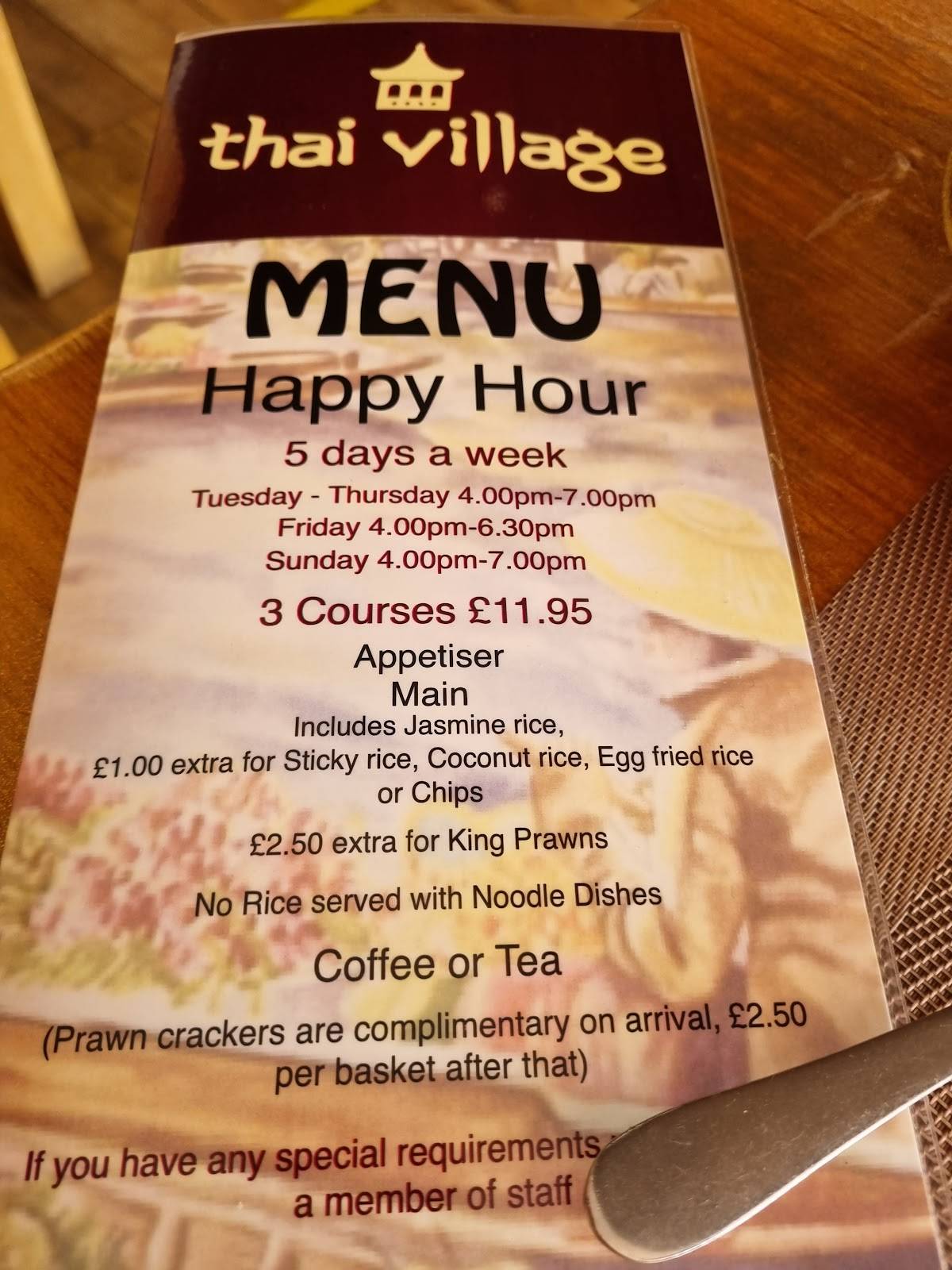 Menu at Thai Village restaurant, Hartlepool