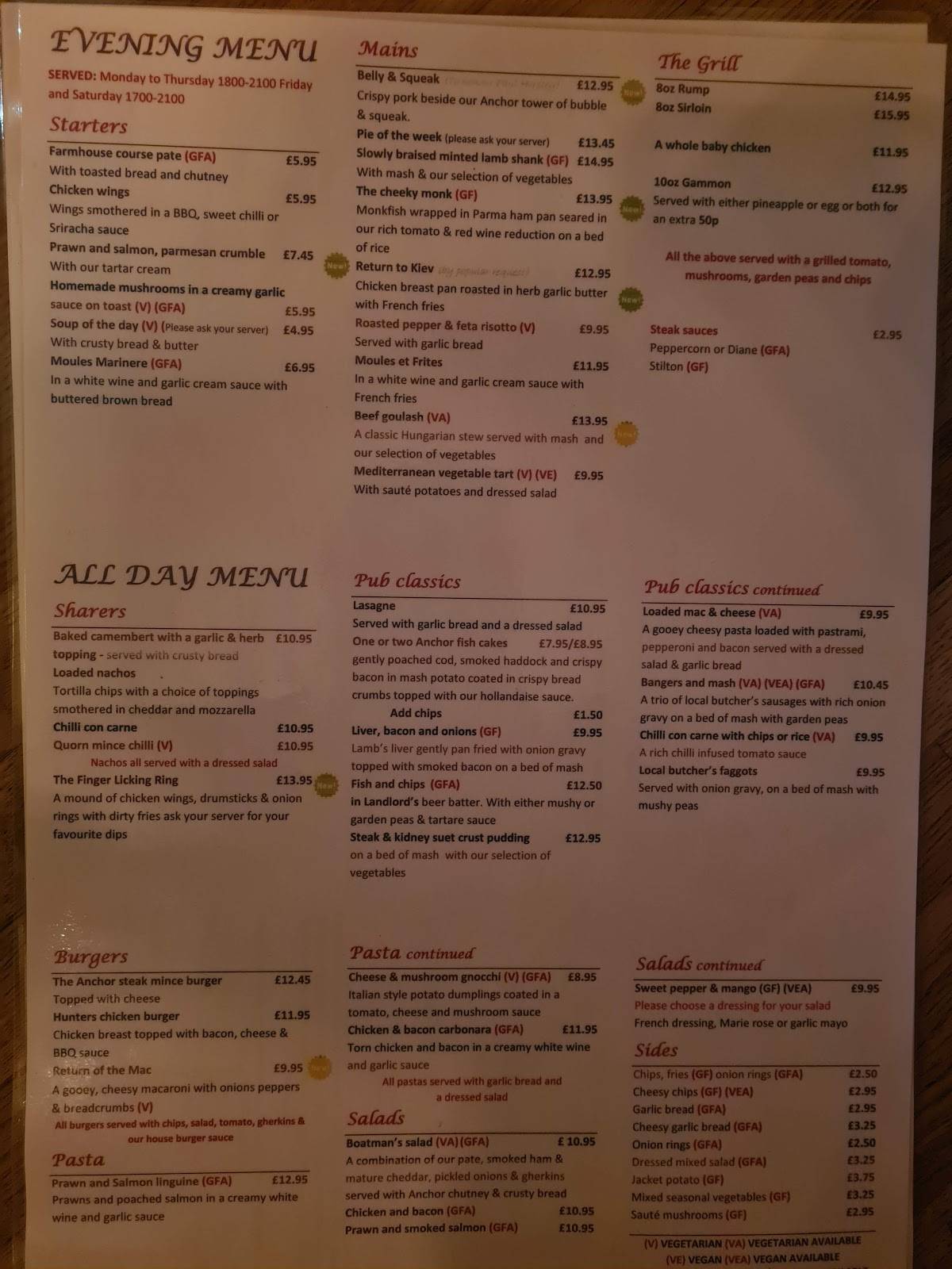 Menu at The Anchor Inn Hartshill pub & bar, Nuneaton