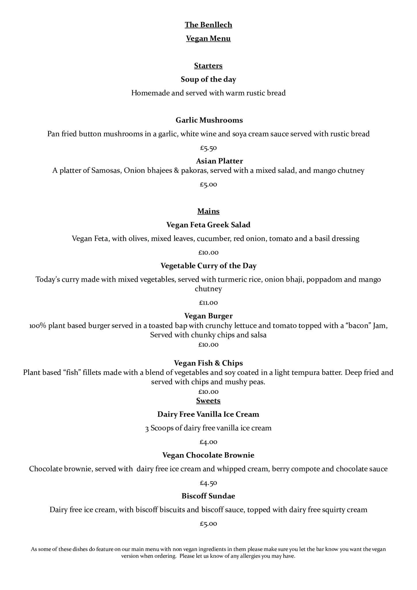 Menu at The Benllech pub & bar, Benllech