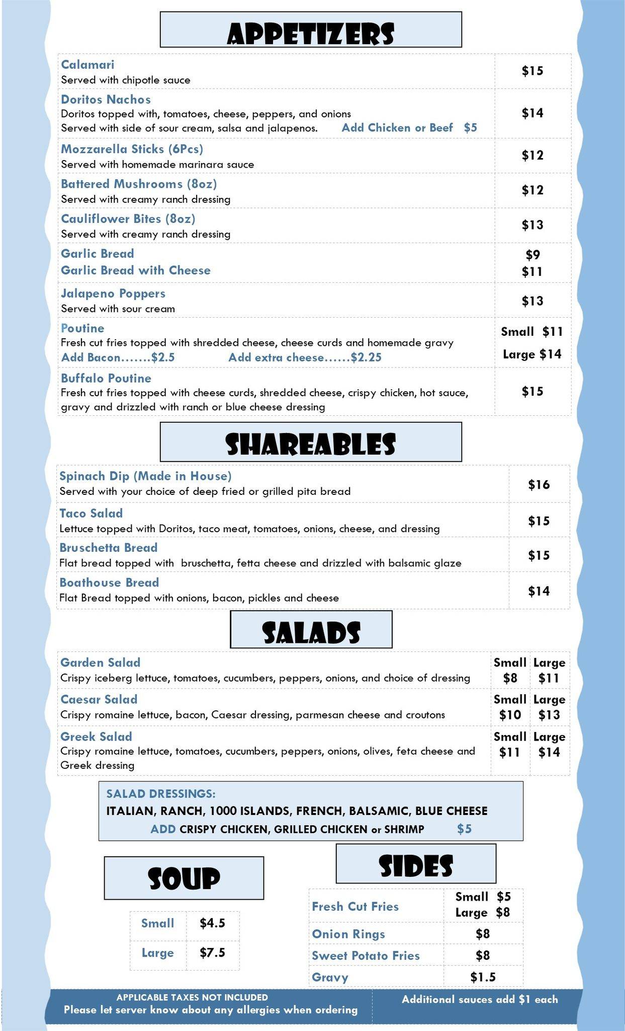 Menu at The Boat House Restaurant, Port Rowan