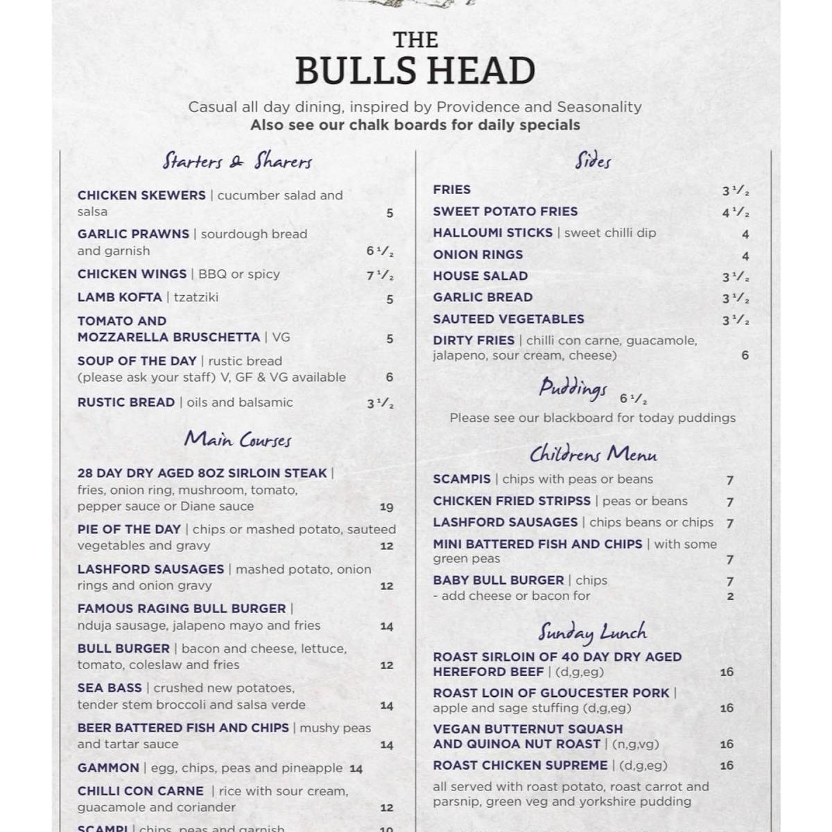 Menu at The Bulls Head at Barston, Solihull, Barston Ln