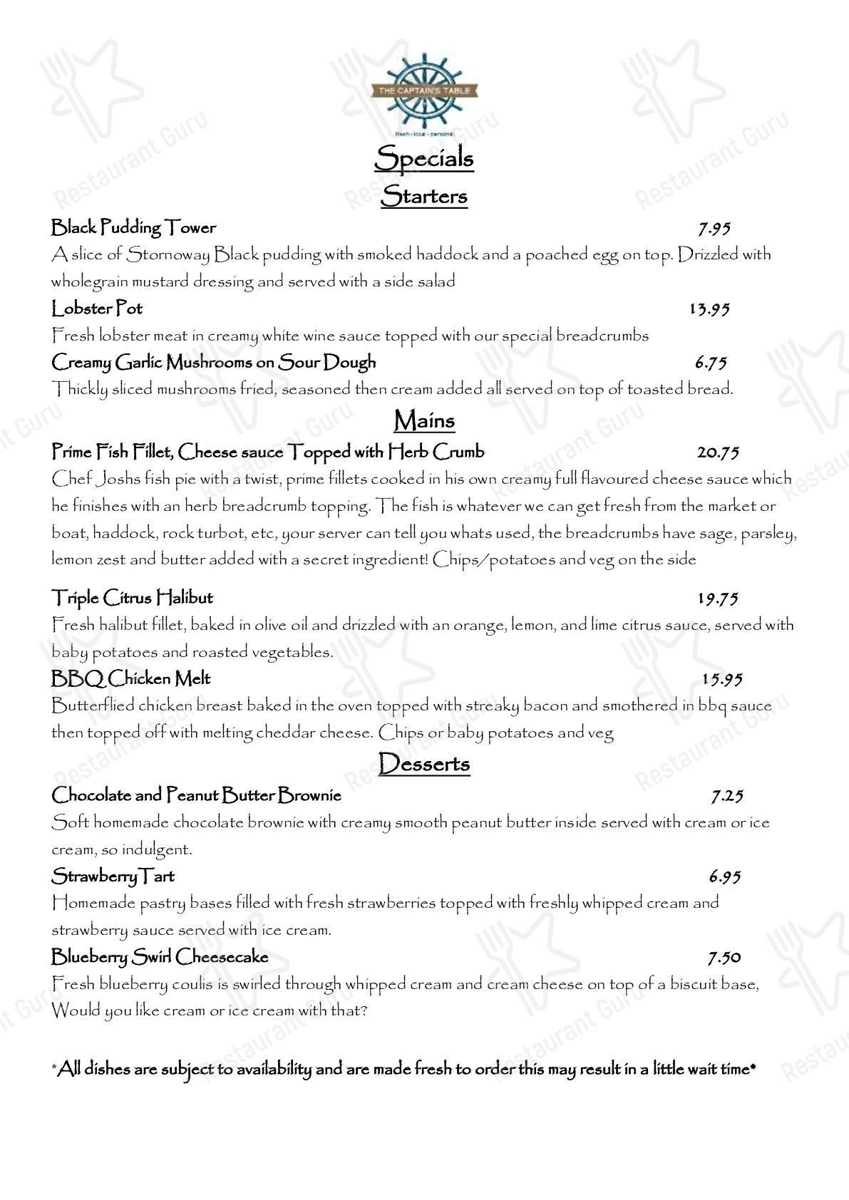 Menu at The Captain's Table restaurant, Fraserburgh