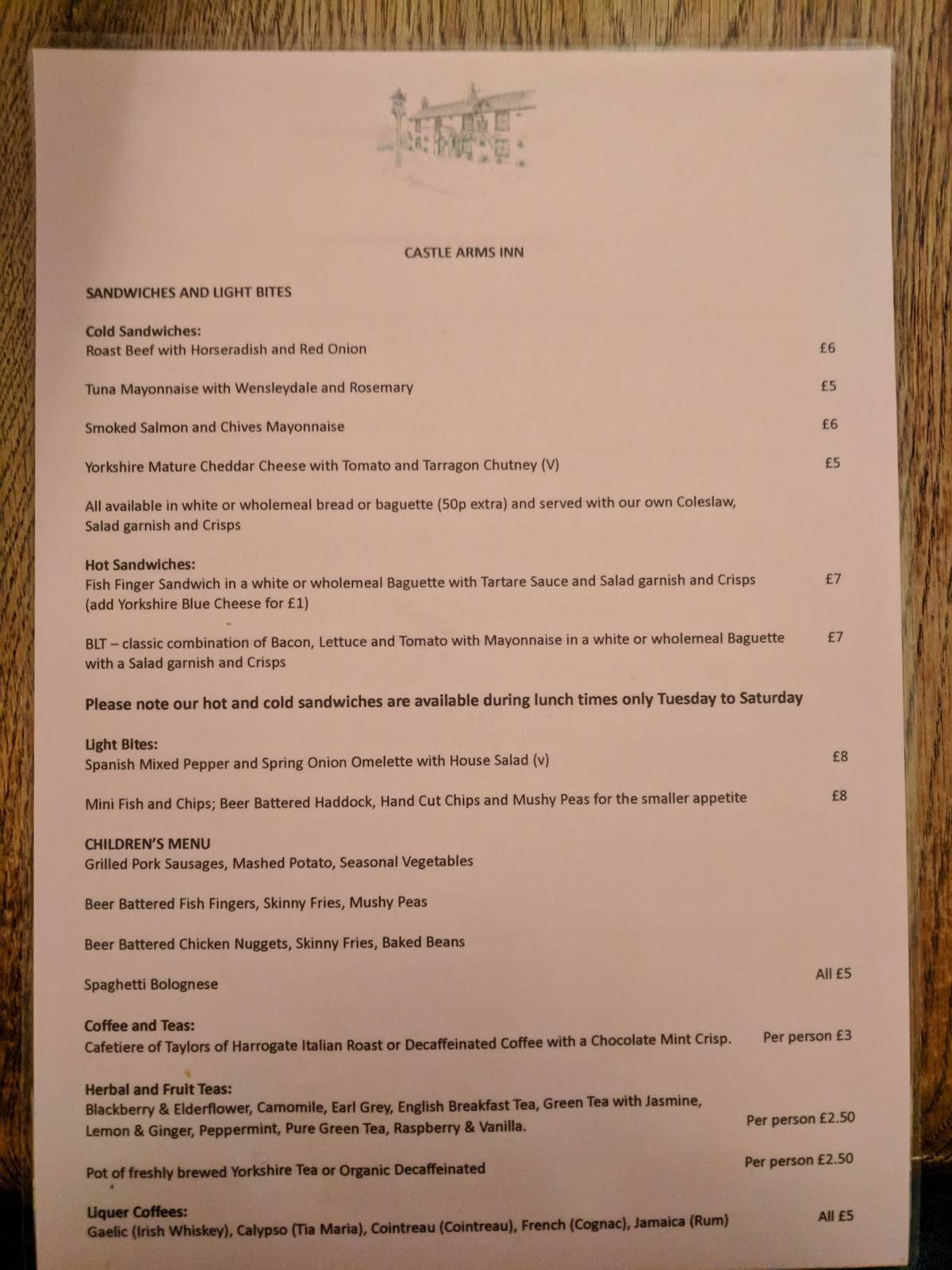 Menu at The Castle Arms Inn pub & bar, Bedale