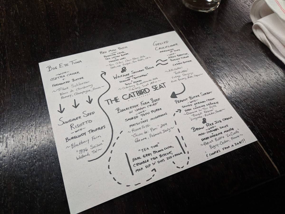 Menu at The Catbird Seat restaurant, Nashville