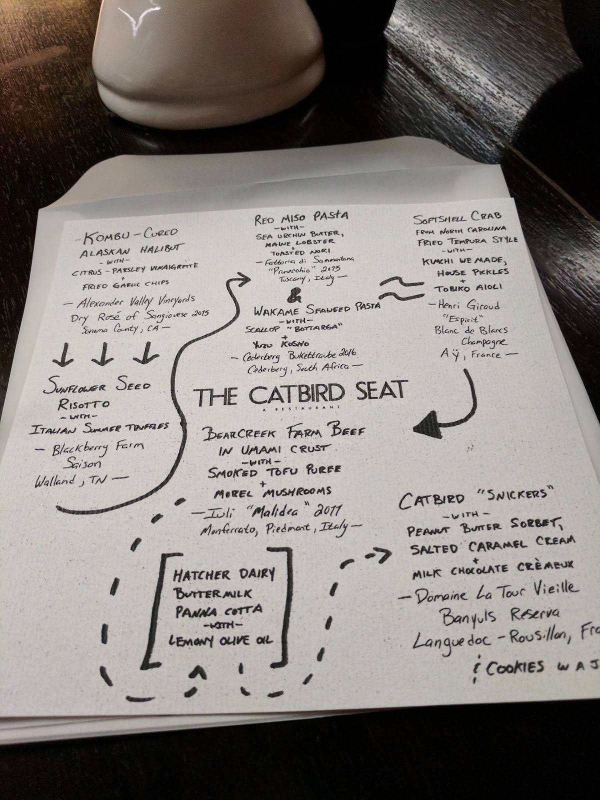 Menu at The Catbird Seat restaurant, Nashville