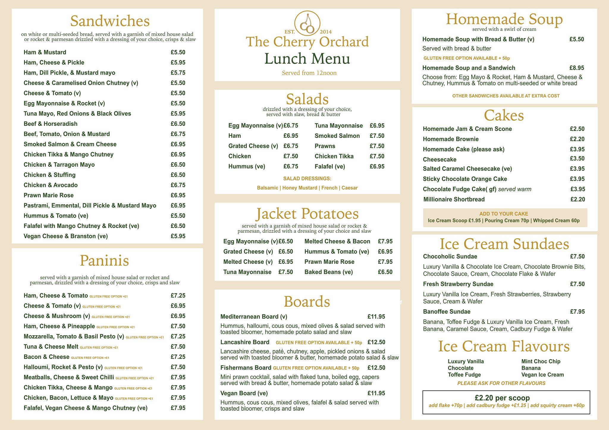 Menu at The Cherry Orchard cafe, St Helens