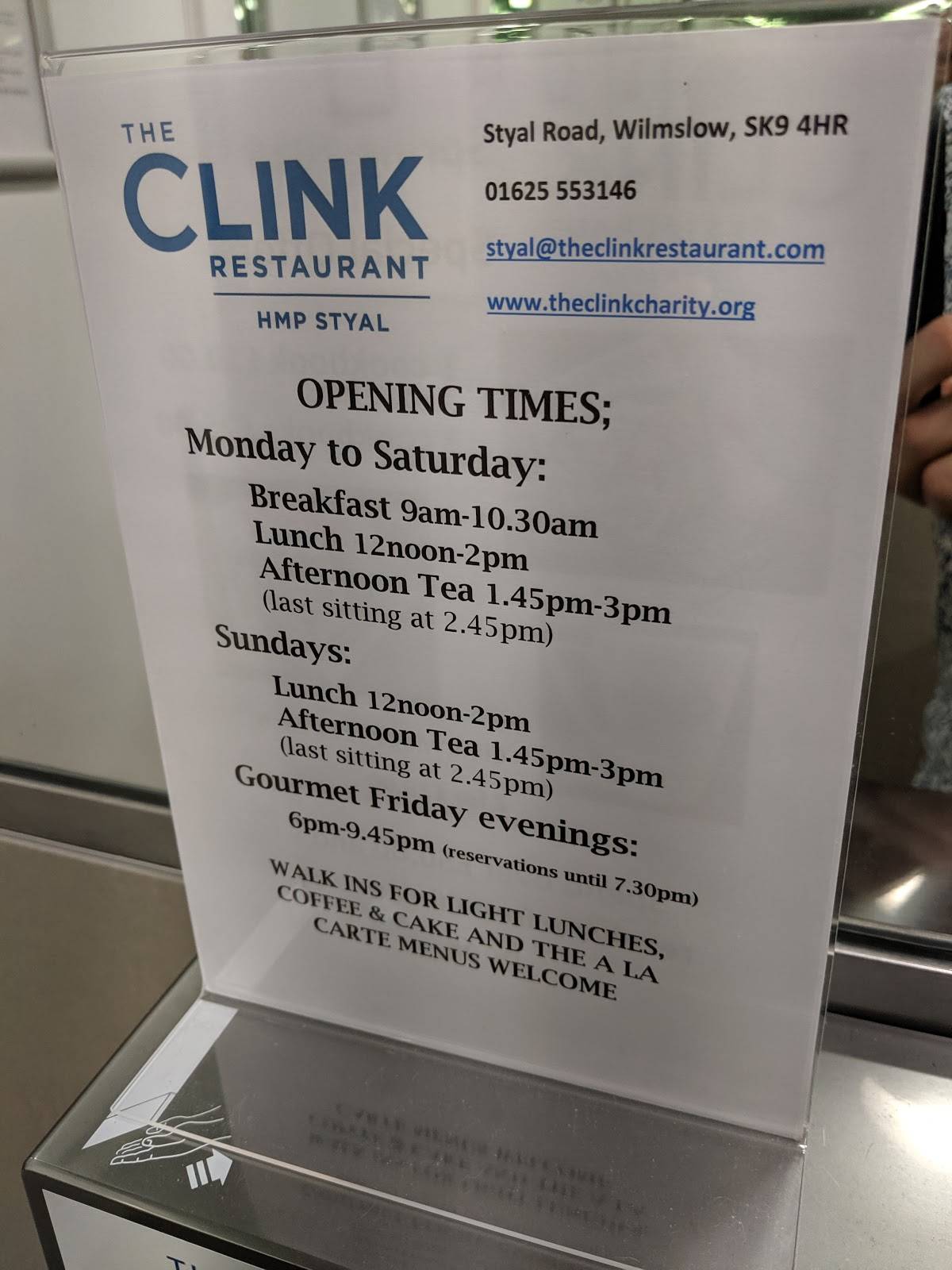 Menu at The Clink Restaurant Styal, Wilmslow