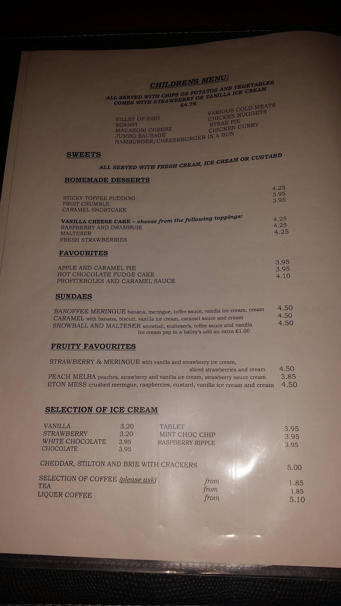 Menu at The Dutch Inn restaurant, Falkirk