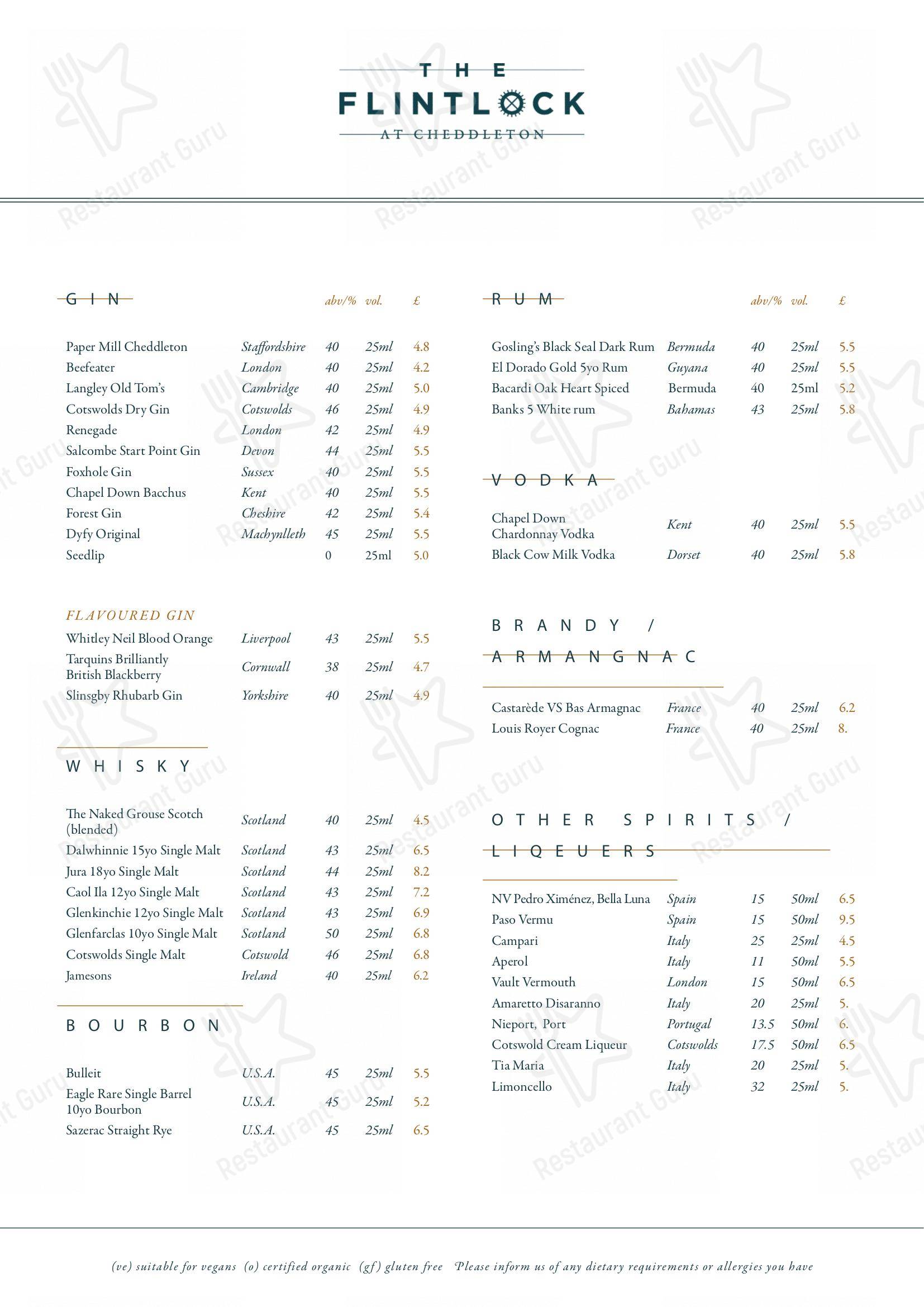 Menu at The Flintlock at Cheddleton restaurant, Leek
