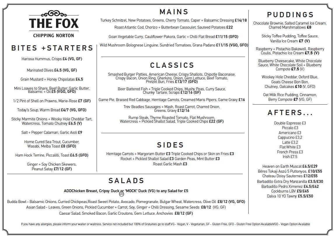 Menu at The Fox pub & bar, Chipping Norton