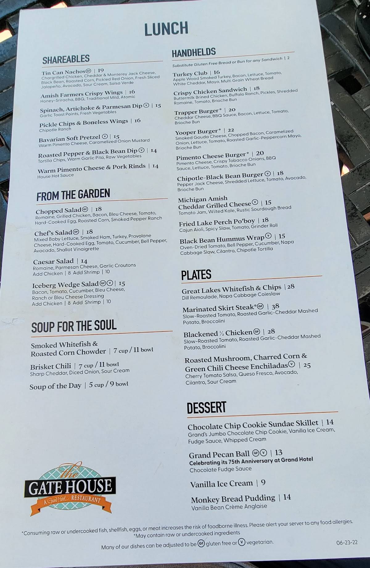 Menu at The Gate House restaurant, Mackinac Island