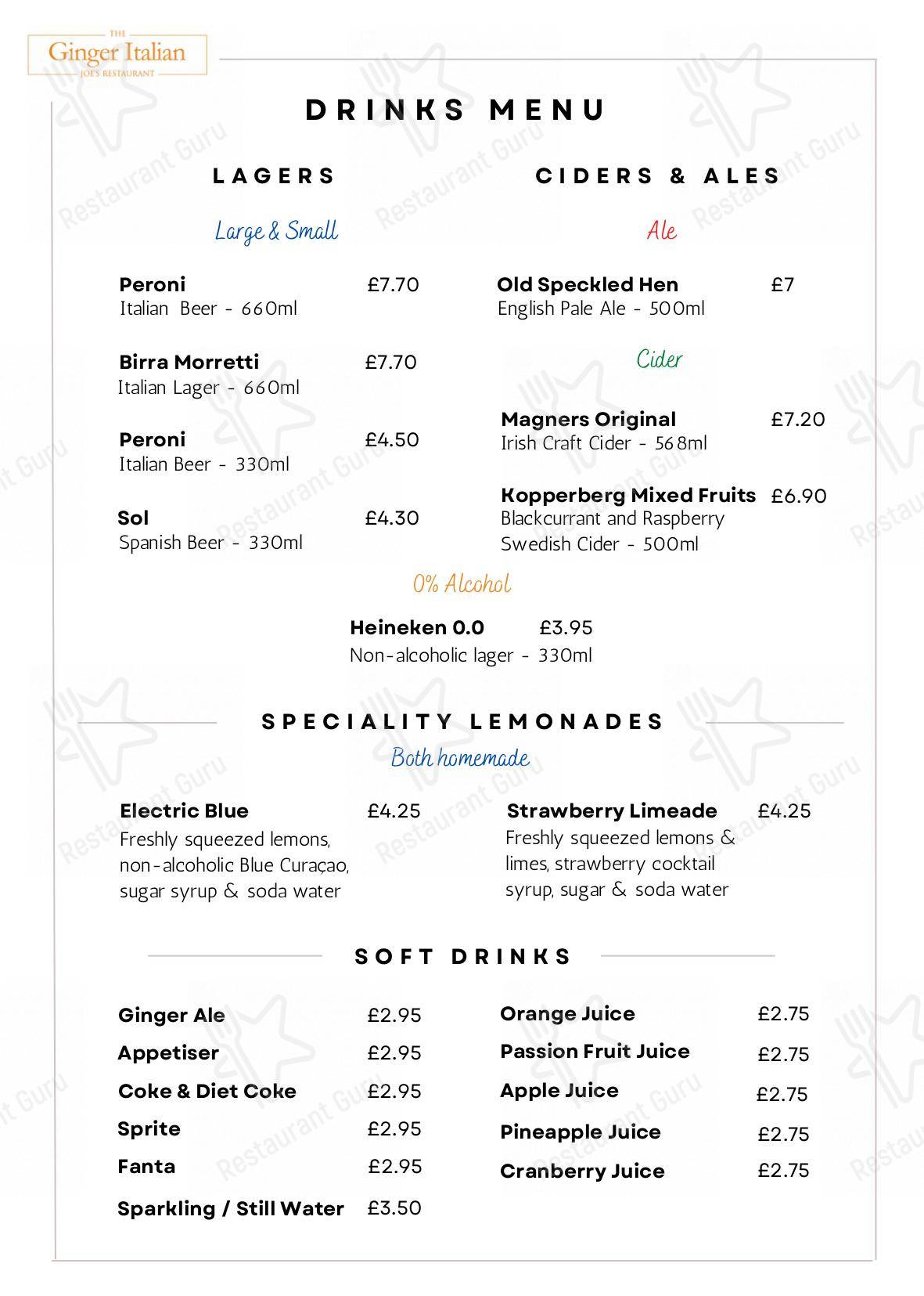 Menu at The Ginger Italian restaurant, Carshalton