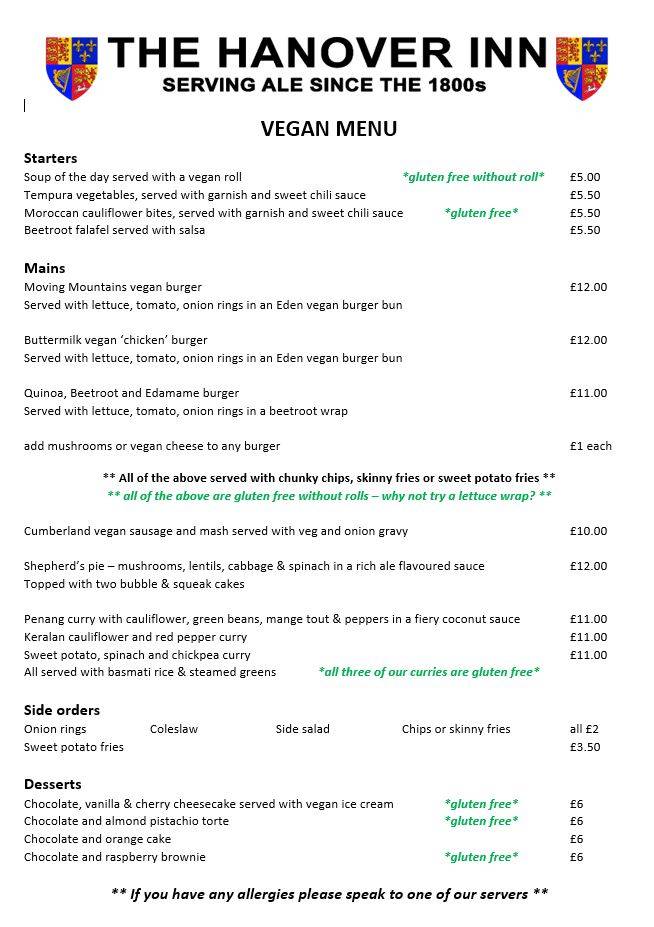 Menu at The Hanover Inn pub & bar, Harwich