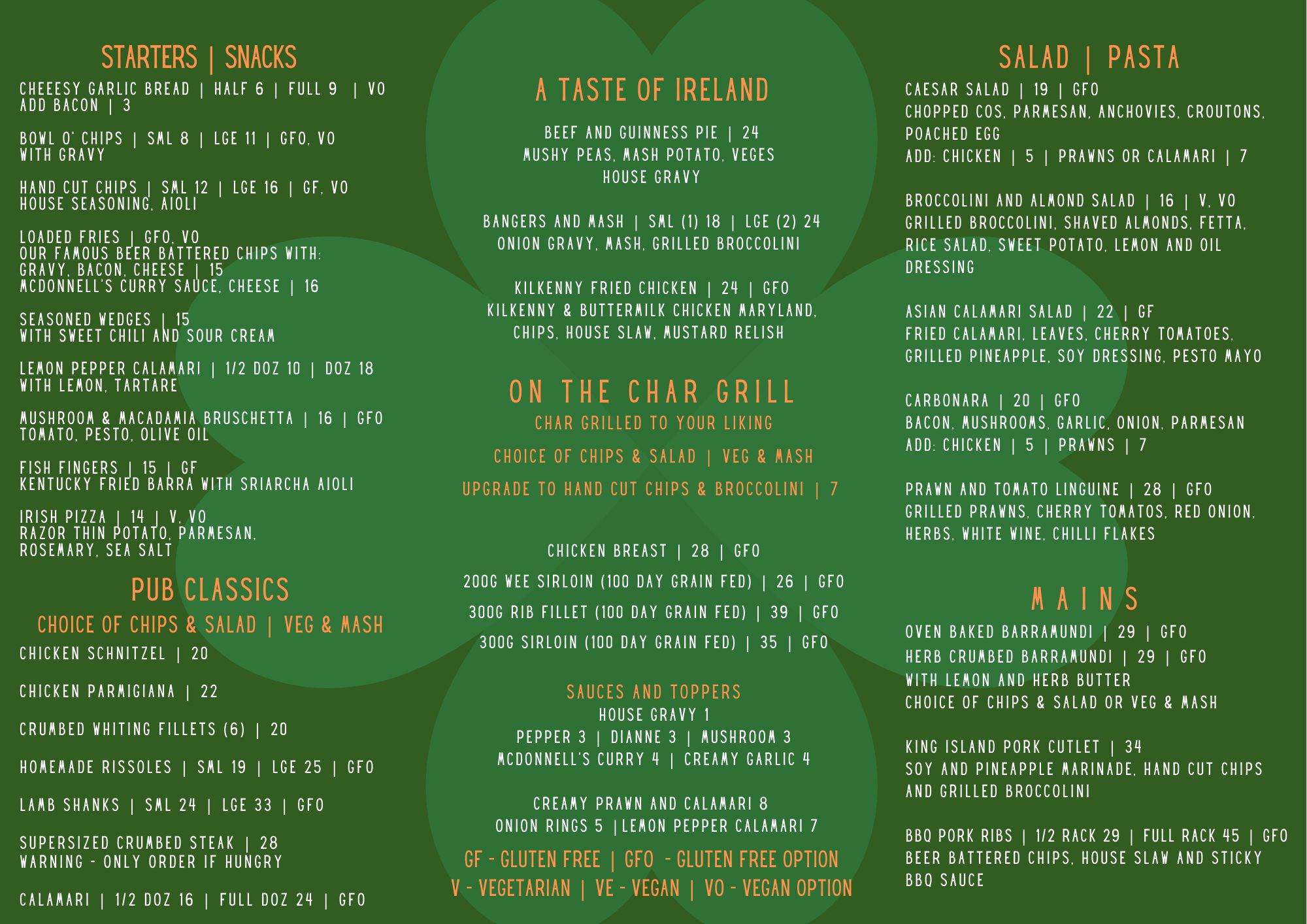 Menu at The Irish pub & bar, Toowoomba City