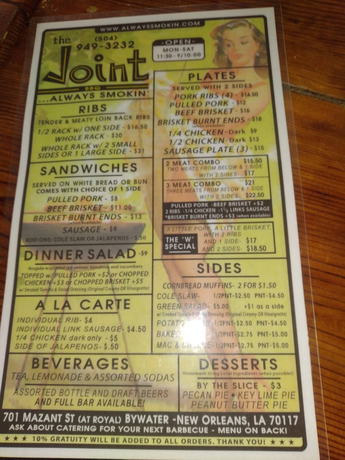Menu at The Joint BBQ, New Orleans, 701 Mazant St