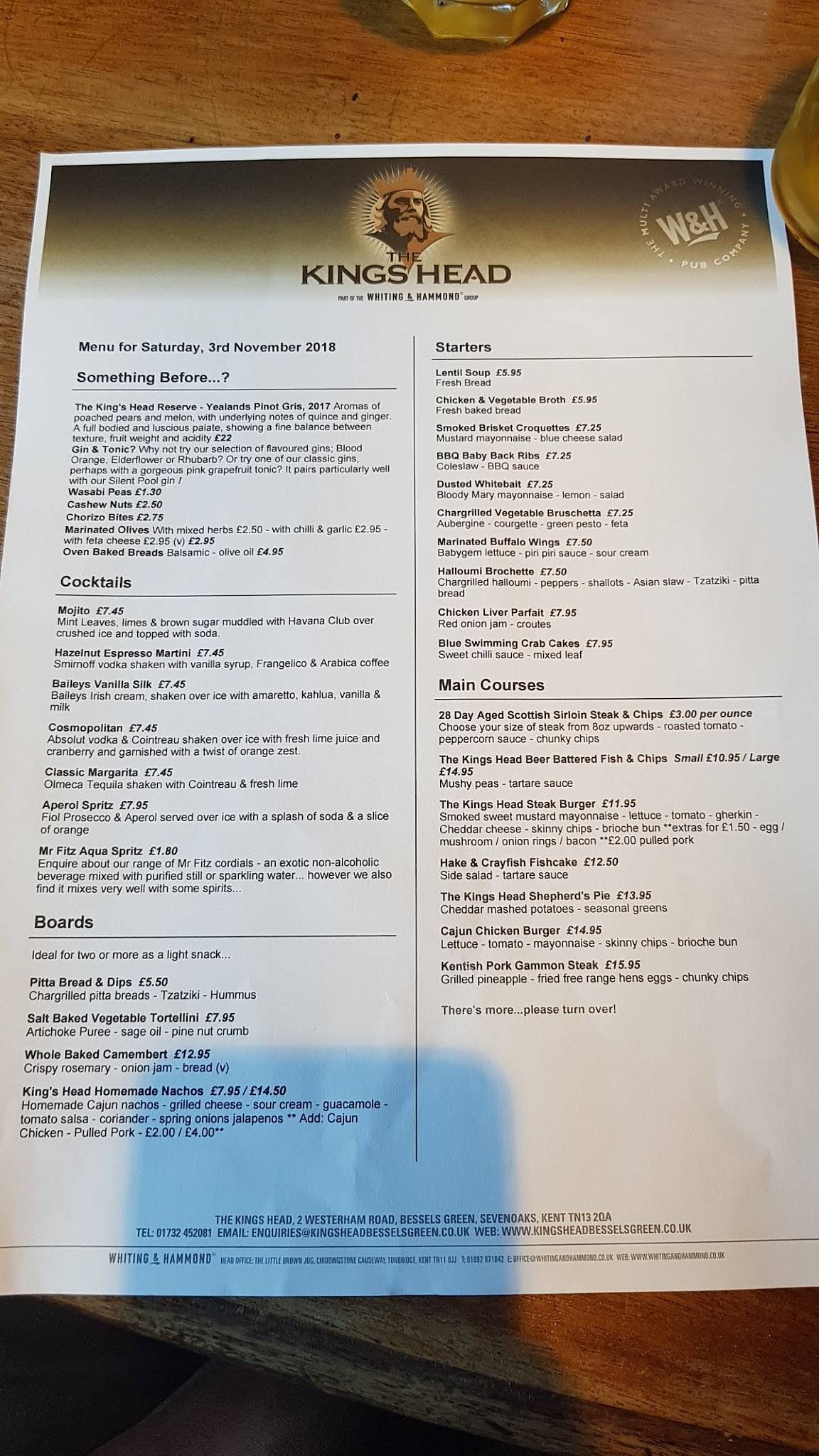 Menu at The Kings Head pub & bar, Sevenoaks