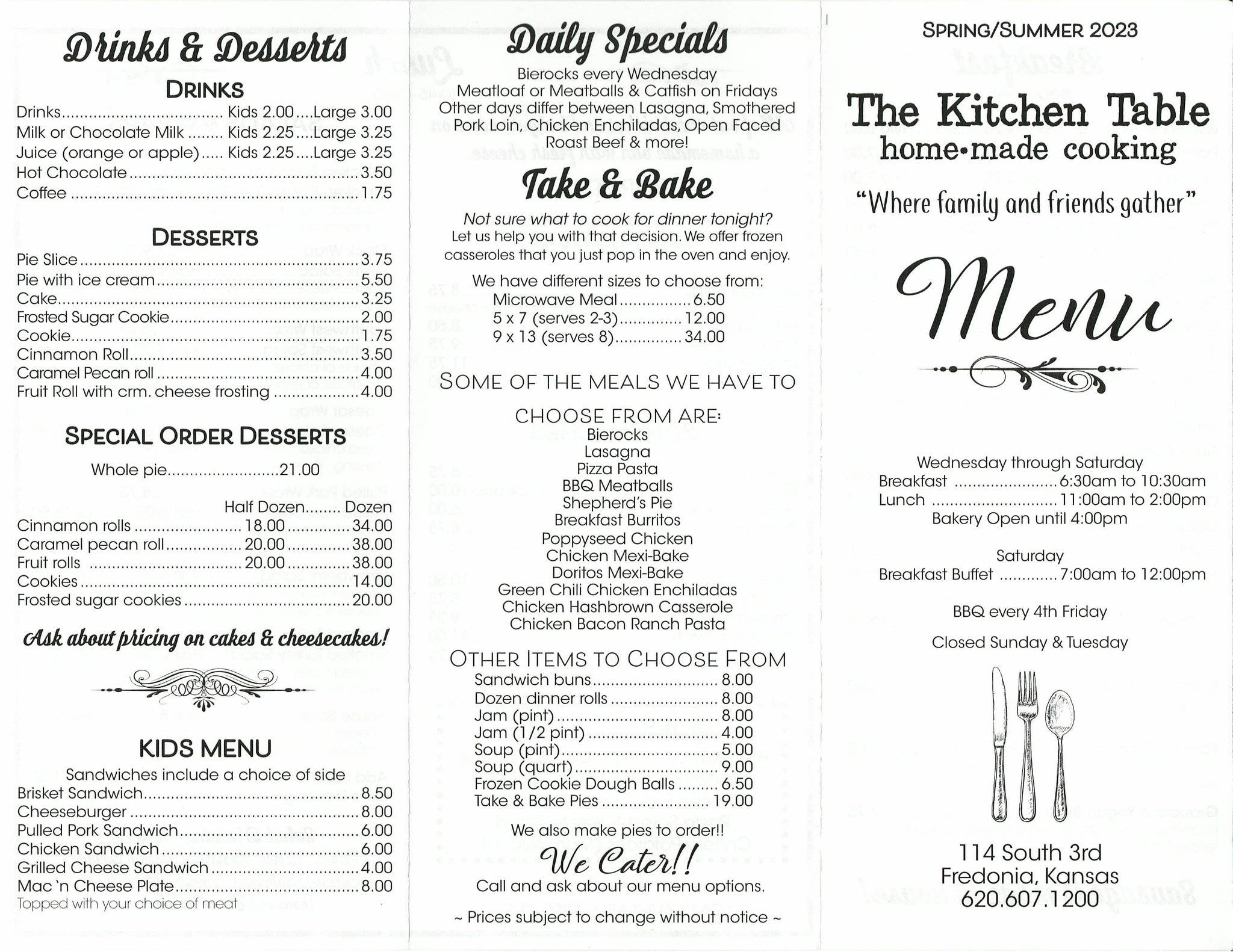 Menu at The Kitchen Table restaurant, Fredonia
