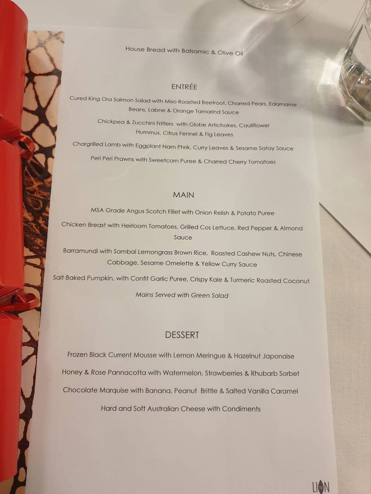 Menu at The Lion Hotel restaurant, North Adelaide