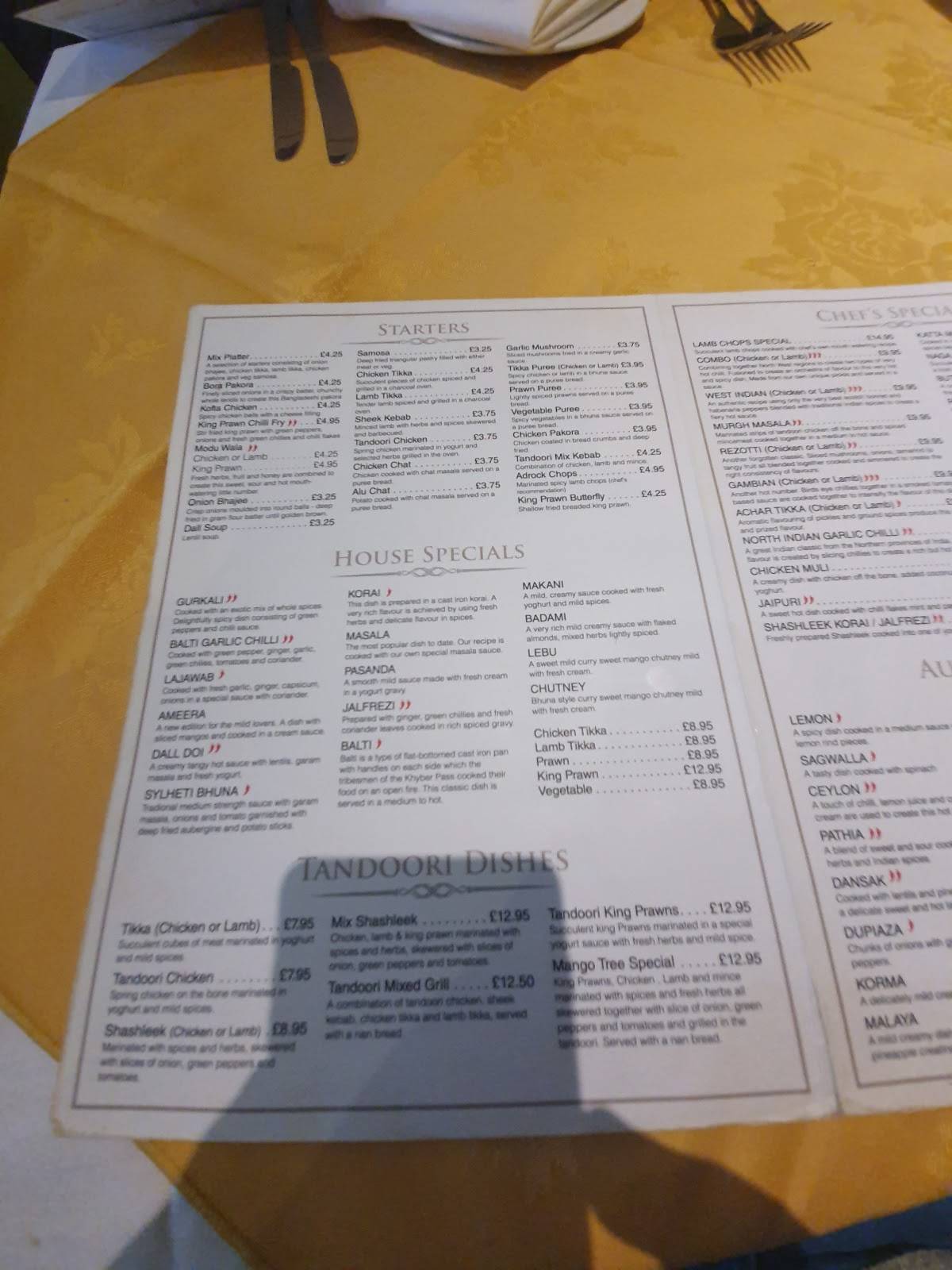 Menu at The Mango Tree restaurant, Kirkby Stephen