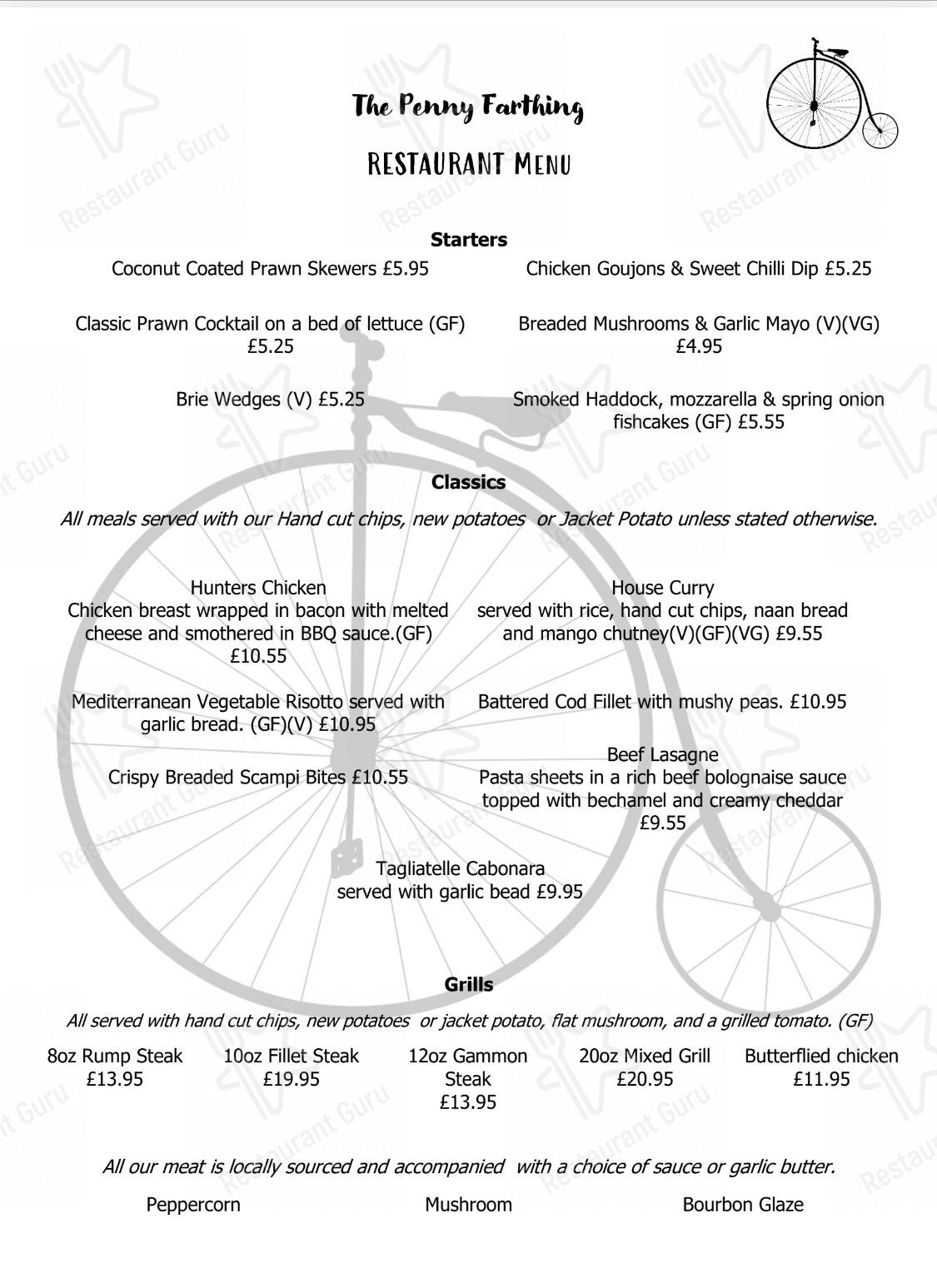 Menu at The Penny Farthing restaurant, Llantrisant