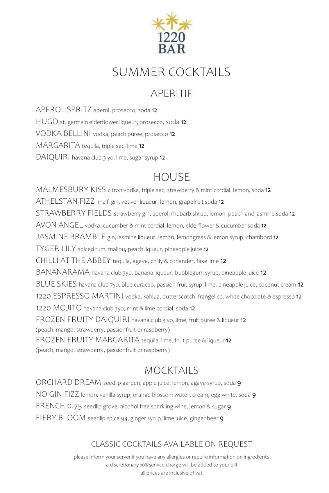Menu at The Old Bell Hotel pub & bar, Malmesbury