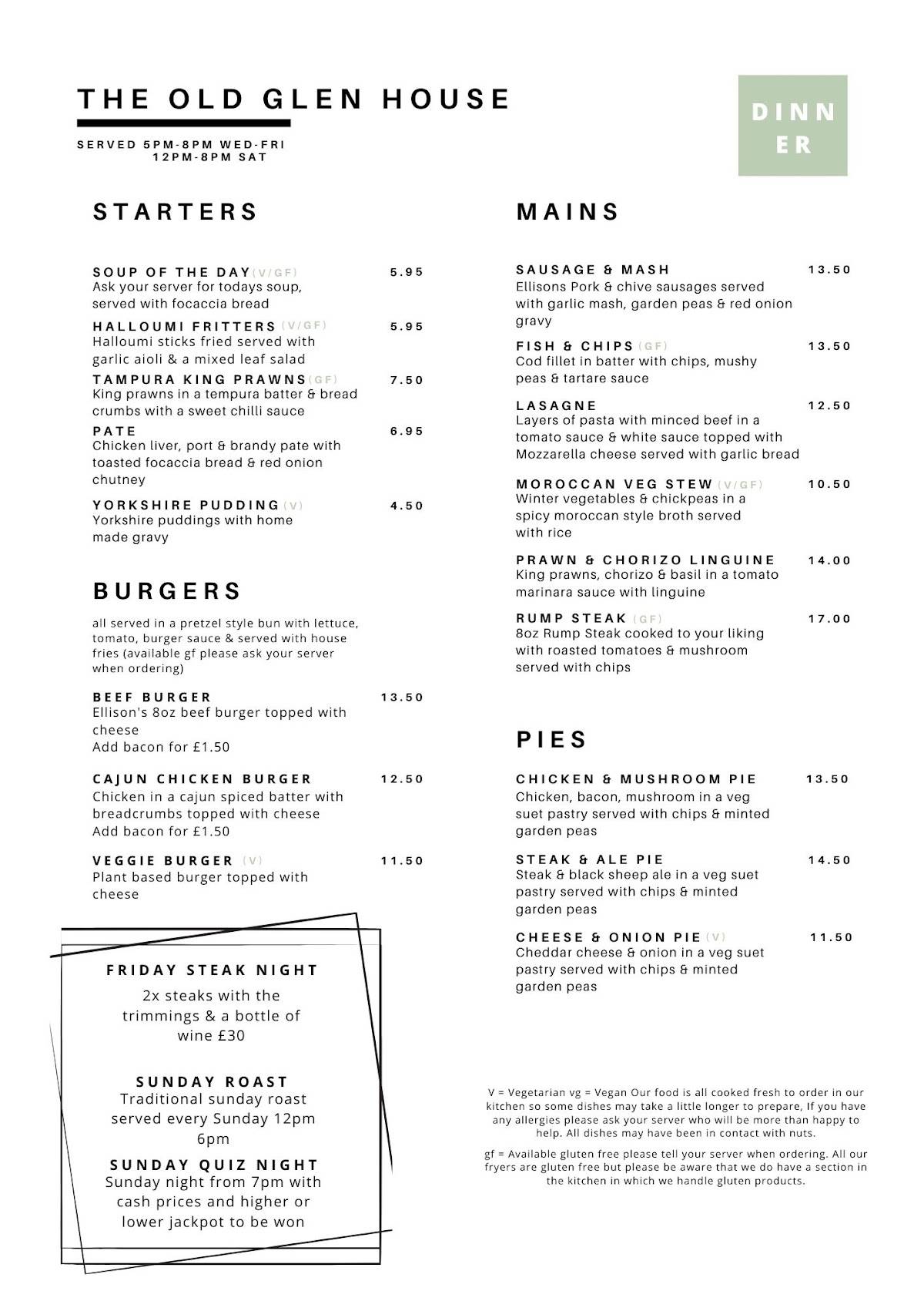 Menu at The Old Glen House pub & bar, Shipley, Prod Ln