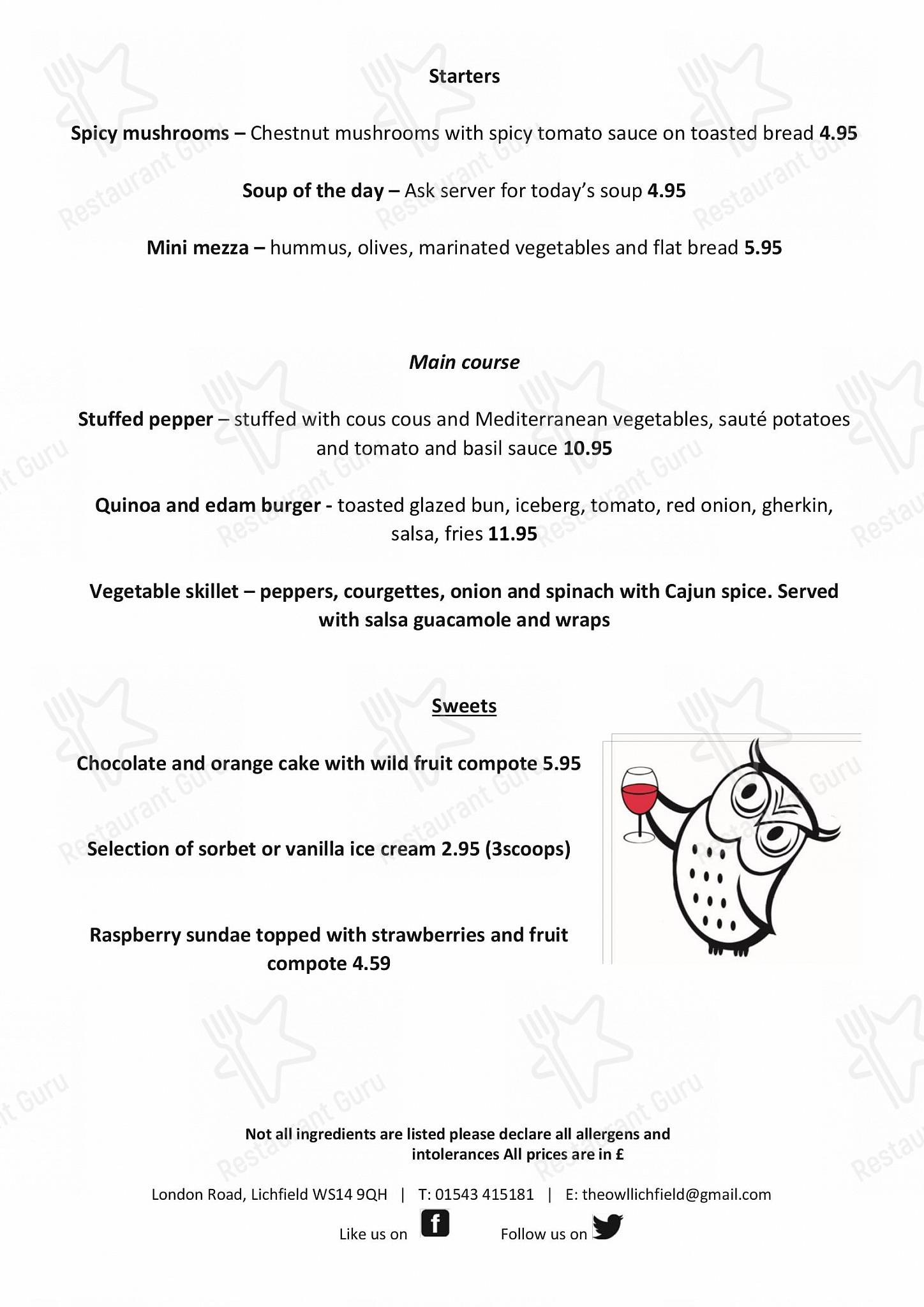 Menu at The Owl at Lichfield pub & bar, Lichfield