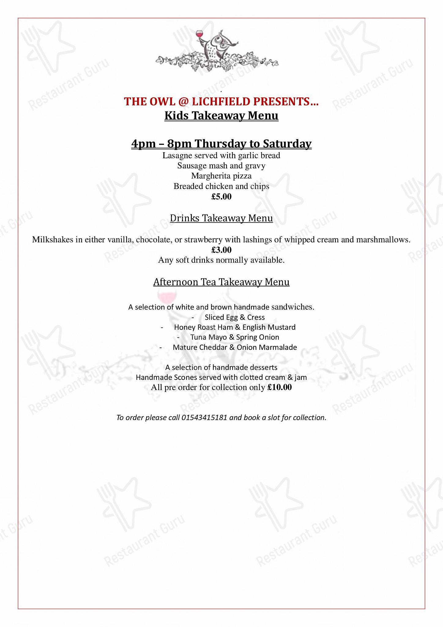 Menu at The Owl at Lichfield pub & bar, Lichfield