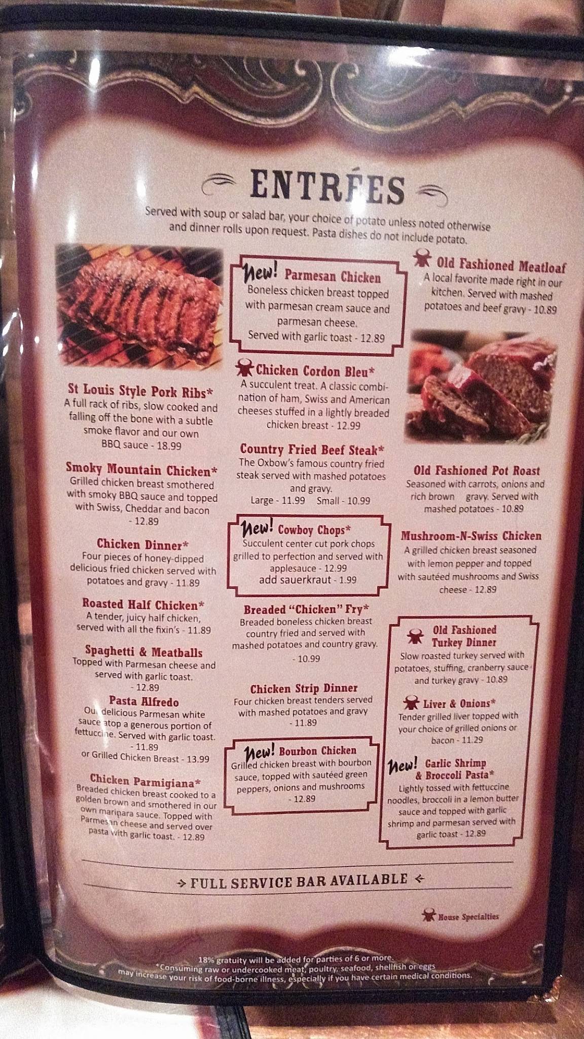 Menu at The Oxbow steakhouse, Lander