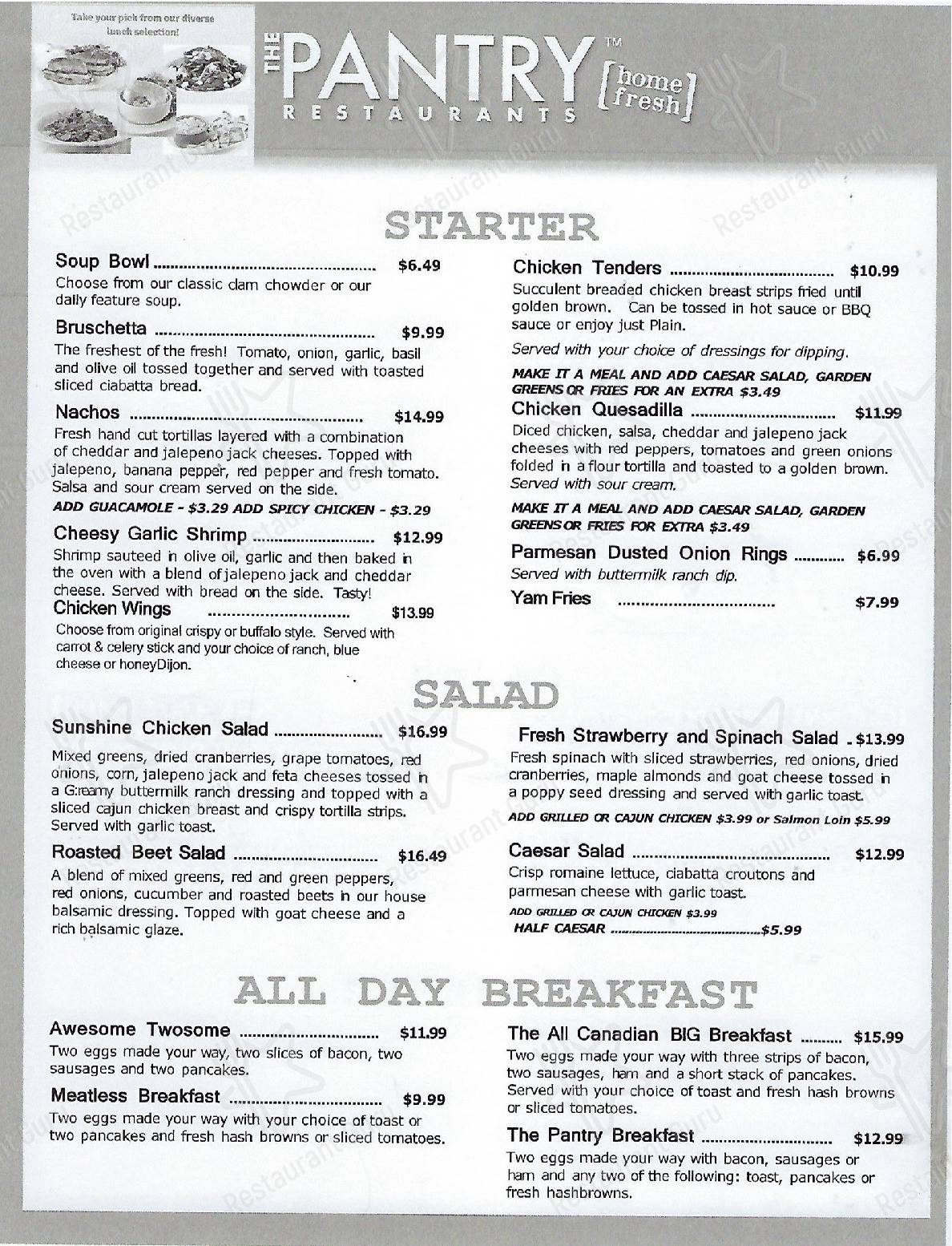 Menu at The Pantry restaurant, Nanaimo