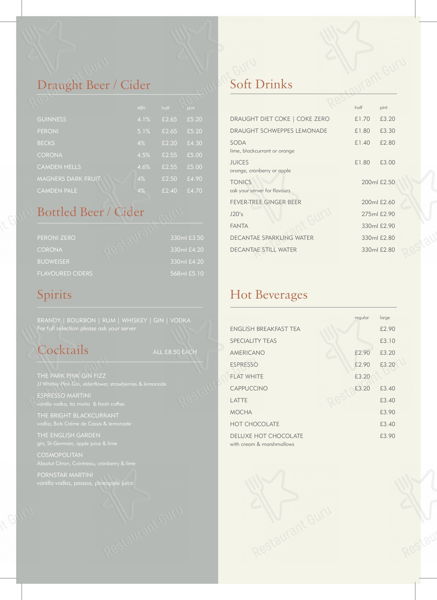 Menu at The Park Bar & Kitchen, St Helens