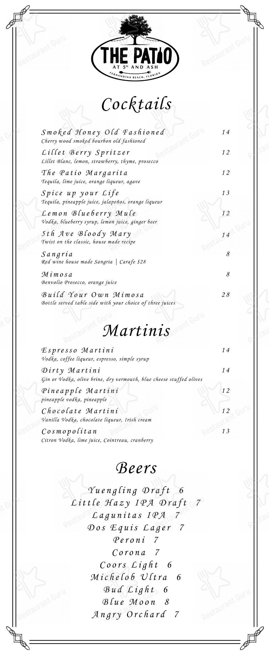 Carta de The Patio at 5th and Ash. Restaurant, Fernandina Beach