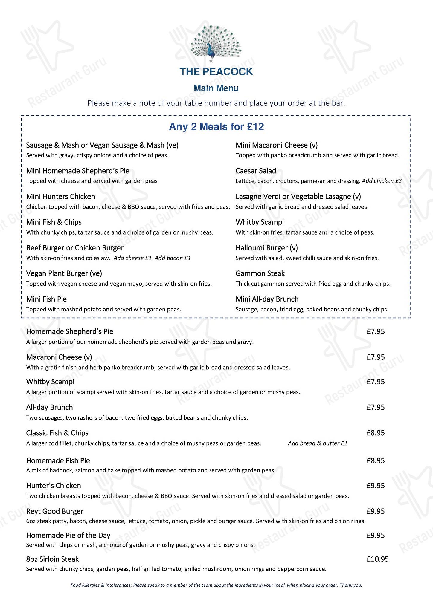 Menu at The Peacock Stannington pub & bar, Sheffield, 714 Stannington Rd