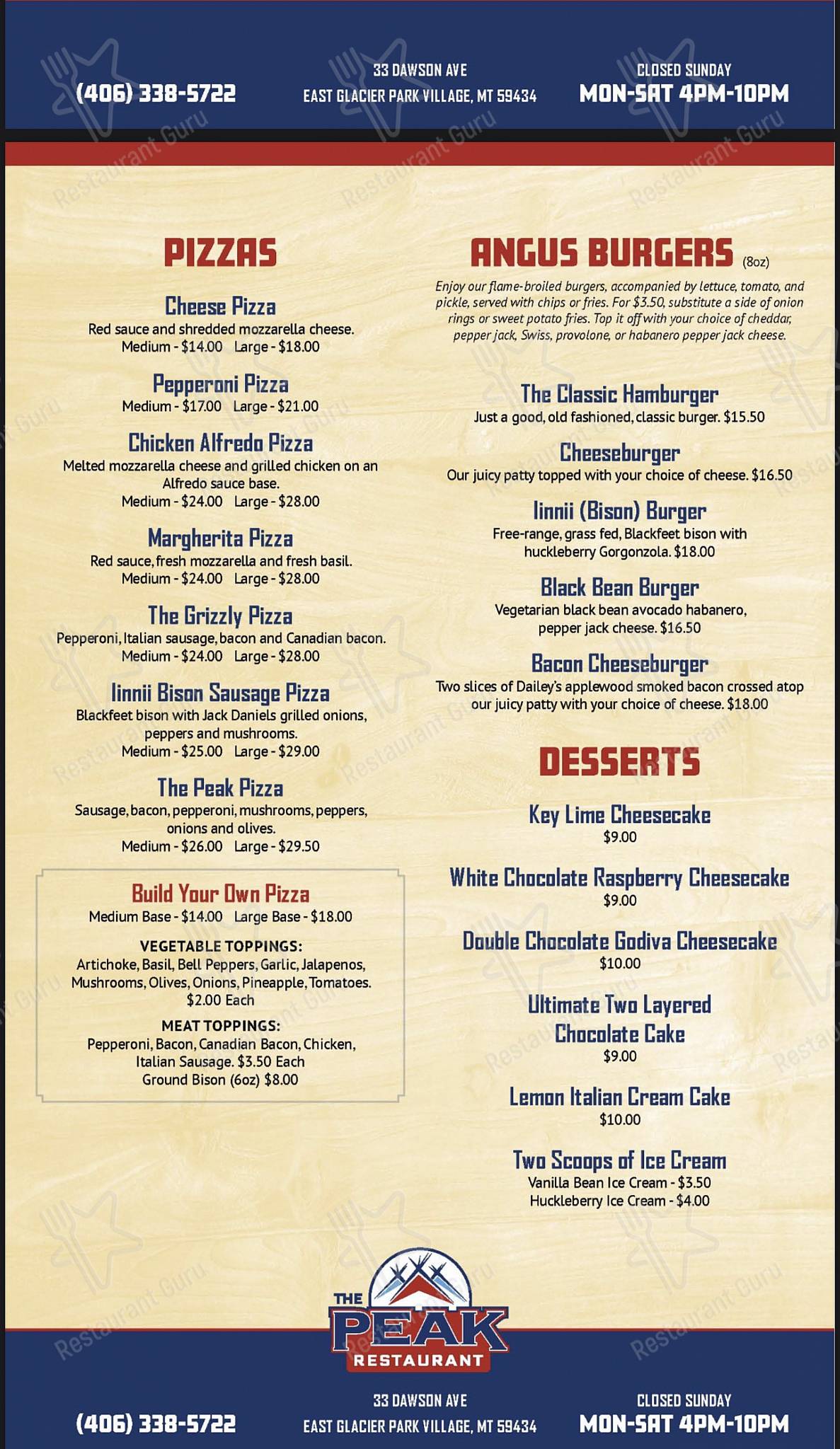 Menu at The Peak Casino & Restaurant, East Glacier Park Village