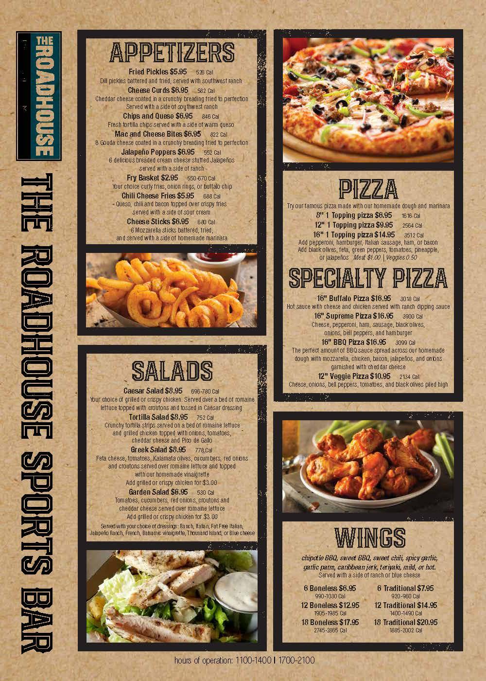 Menu at The Roadhouse restaurant, Marine Corps Air Station Cherry Point