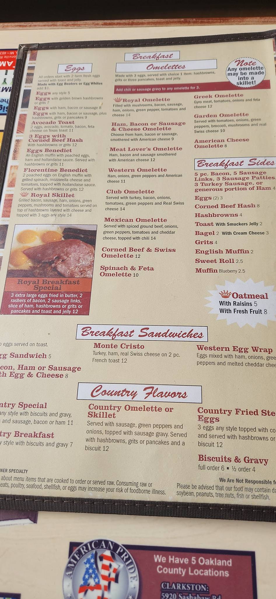 Menu at The Clarkston Royal Diner restaurant, Clarkston
