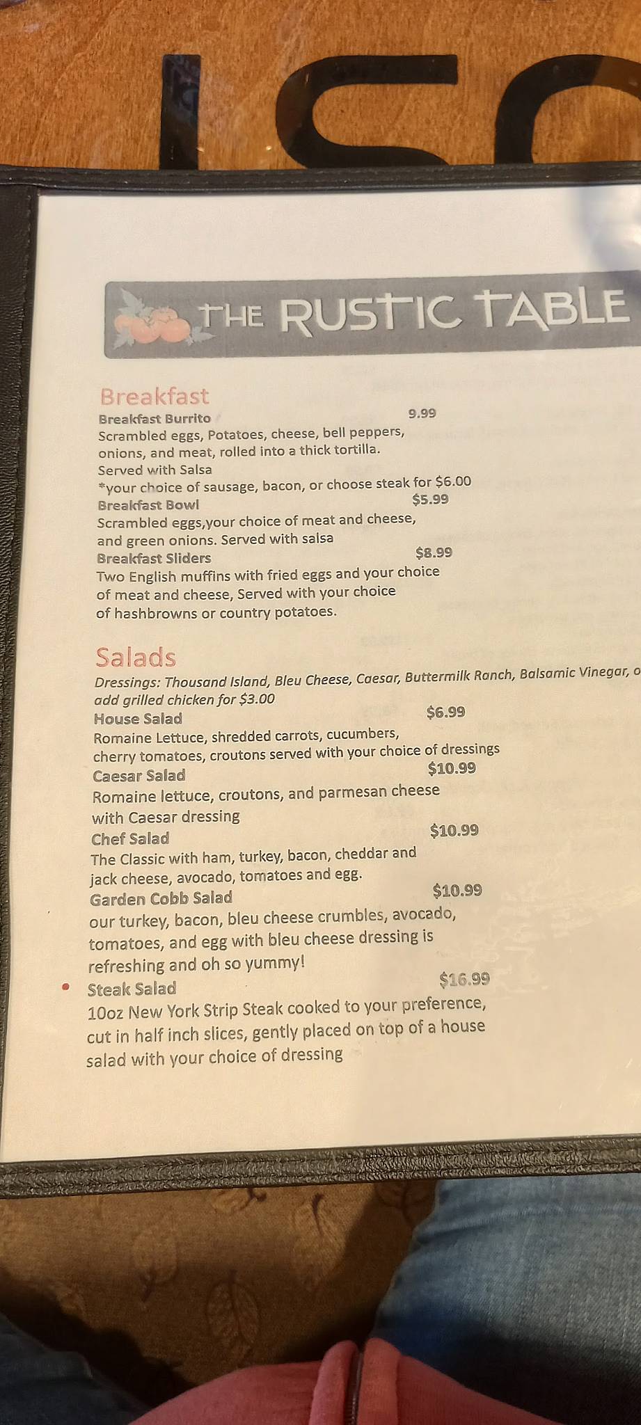 Menu at The Rustic Table restaurant, Watsonville