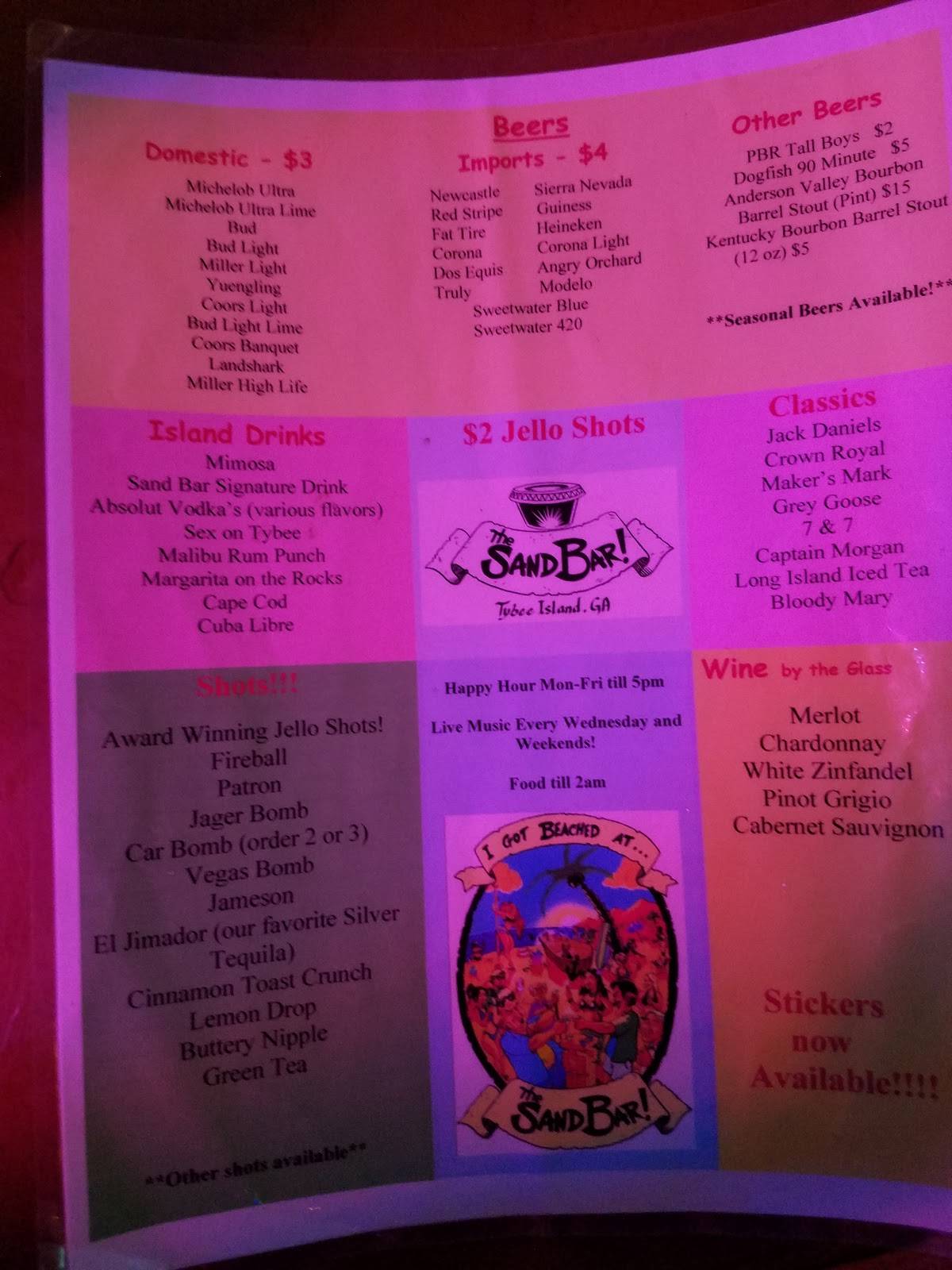Menu at The Sand Bar, Tybee Island