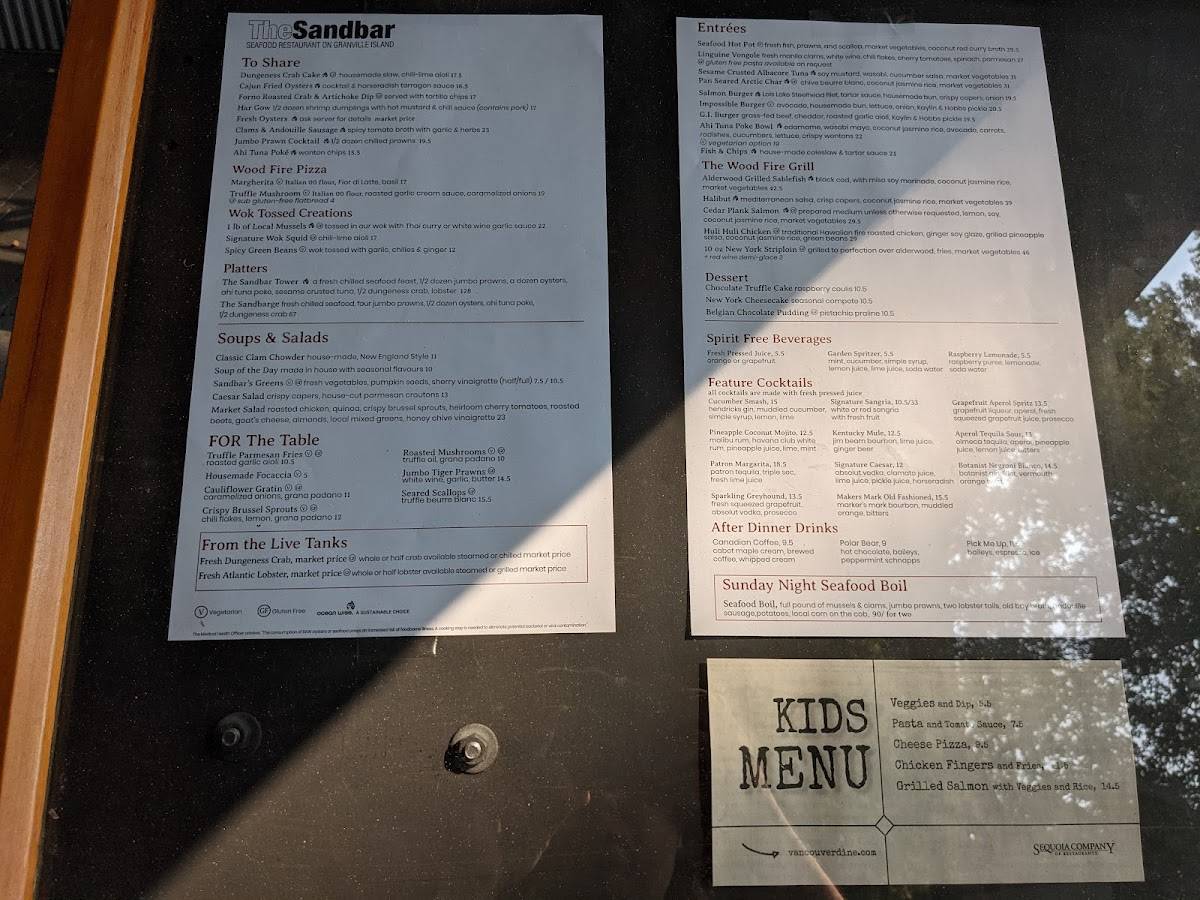 Menu at The Sandbar Seafood Restaurant, Vancouver