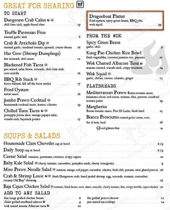 Menu at The Sandbar Seafood Restaurant, Vancouver