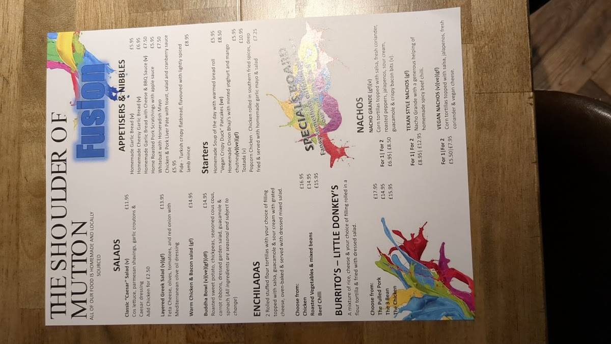 Menu at The Shoulder Of Mutton pub & bar, Chapel-en-le-Frith